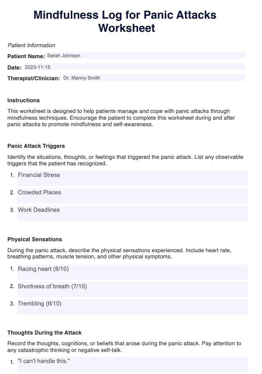Mindfulness Log for Panic Attacks Worksheet & Example | Free PDF Download